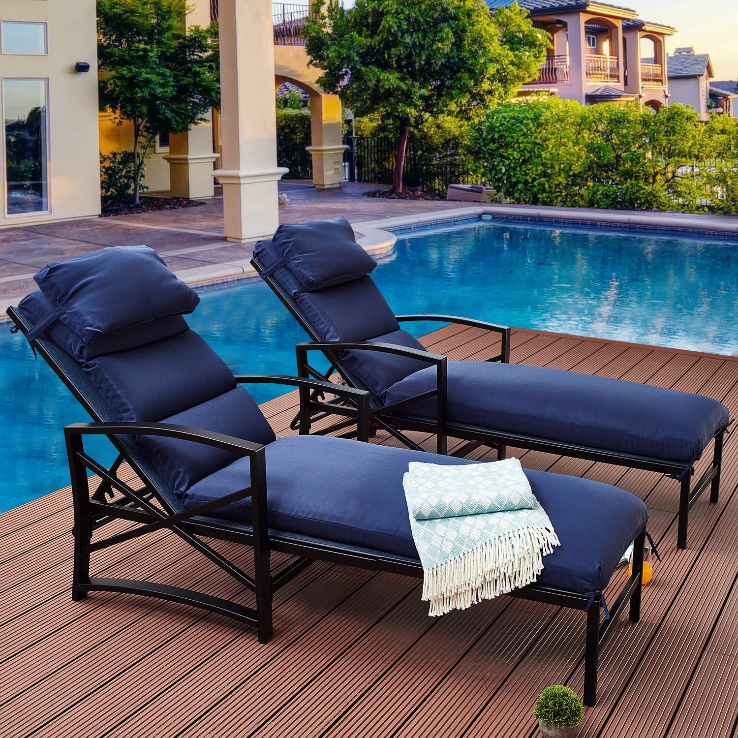 PatioFestival Patio Chaise Lounge Outdoor Adjustable Back Cushioned Chairs All Weather Steel Frame Lounger with Blue Pillow(2Pcs)