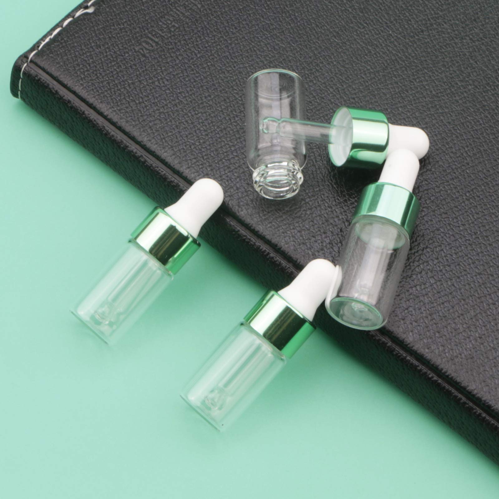 Newzoll 3ml Eye Dropper Bottles with Funnel, 18Pcs Clear Mini Glass Dropper Bottles Essential Oil Bottles Perfume Sample Vials Refillable Liquid Cosmetic Containers, Green Cap