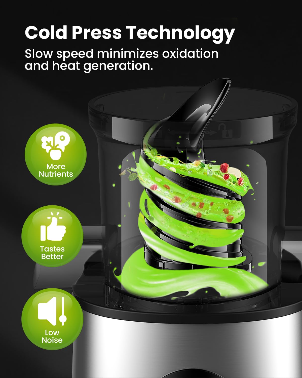 GDOR Cold Press Juicer with 4.25'' Feed Chute, Masticating Juicer Machines Fits Whole Fruits and Vegetables, Self Feeding Slow Juicer with Low Noise, Easy to Clean, Silver