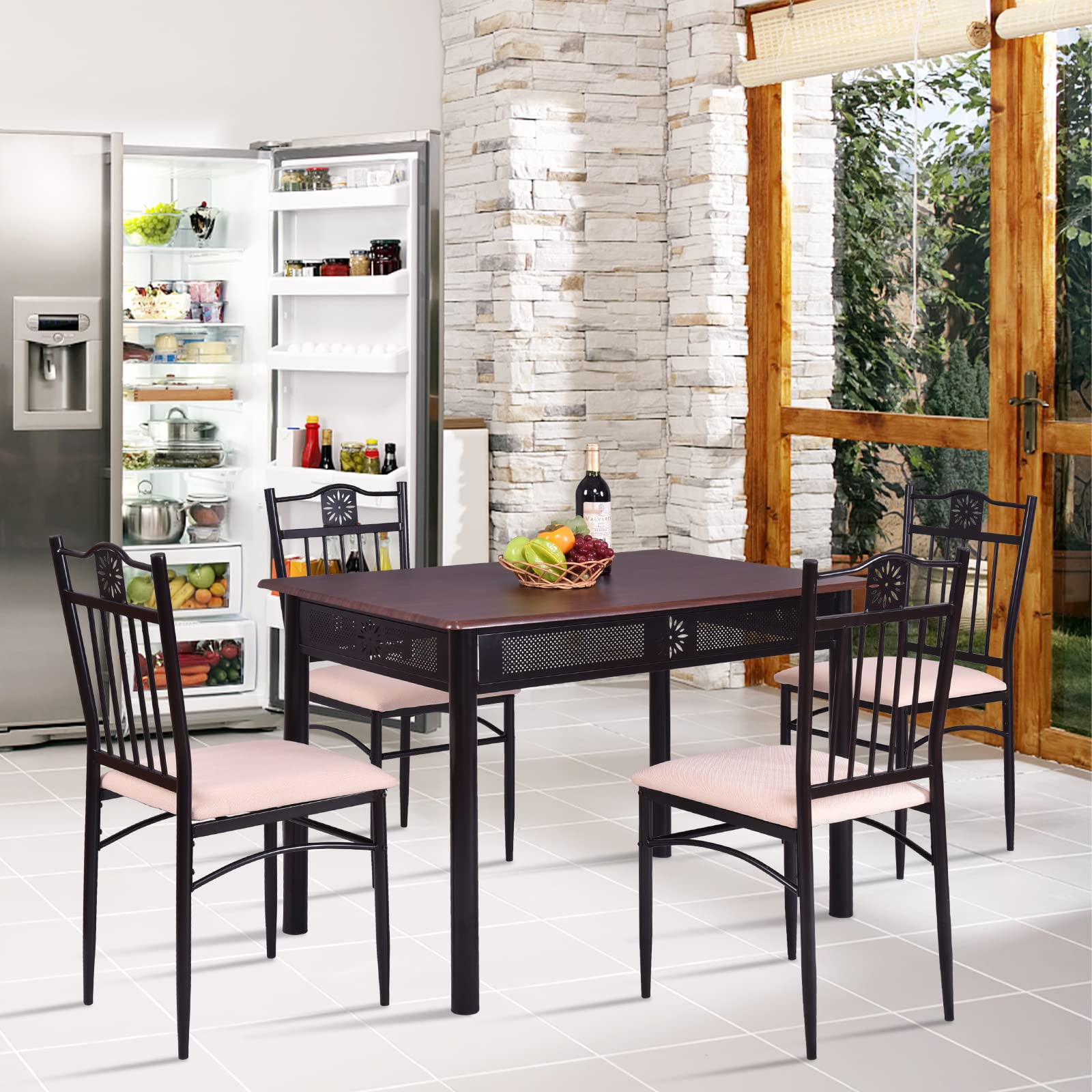 COSTWAY 5 Pieces Dining Table Set, Modern Kitchen Table Set for 4 Person, 42β Rectangular Table w/ 4 Upholstered Chairs, Bistro Table Set for Home, Coffee Shop & Restaurant (Brown)