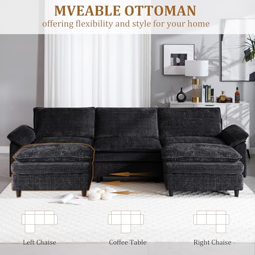GNIXUU Modular Cloud Couch Sectional Sofa with Ottoman, 113.5" Oversized Comfy 4-Seat Black L Shaped Couch Set for Living Room, Chenille Sectional Sleeper Sofa with Soft Armrest & Cushion,