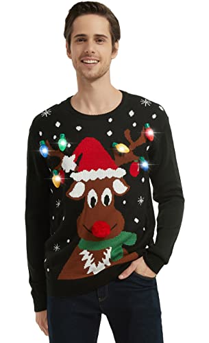 Christmas Reindeer Snowman Santa Snowflakes Ugly Holiday Knitted Sweater Cardigan Traditional Pullover (Large, Rndrnose3dLed-M10)