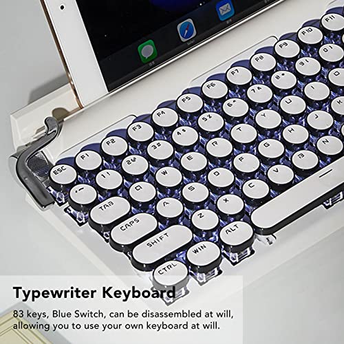 Focket Mechanical Gaming Keyboard, 83 Keys Punk Style Retro Typewriter Keyboard Detachable Round Keycaps Keyboard LED Backlit Wireless Mechanical Keyboard, for Tablet Desktop (White)