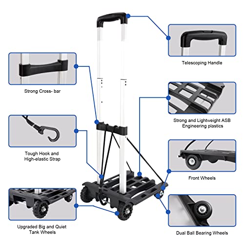 Folding Hand Truck, BOQZ Luggage Cart with Elastic Bungee Rope 4 Wheels Solid Construction Portable Fold Up Dolly Compact Lightweight Utility Cart for Luggage Travel Shopping Moving Office Use