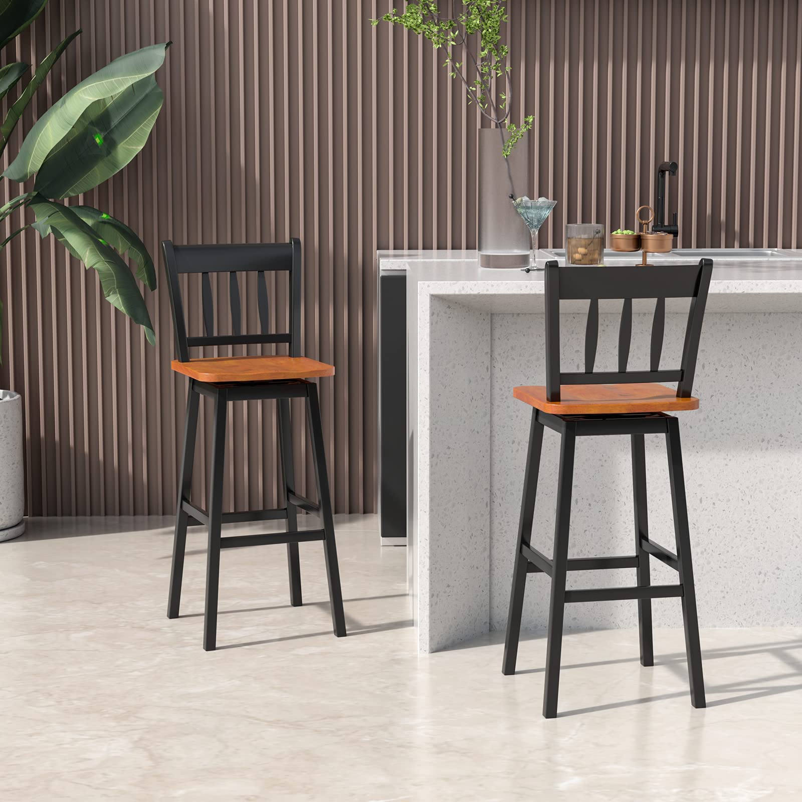 COSTWAY Bar Stools Set of 2, 30.5 Inch Solid Rubber Wood Bar Chairs with 360 °Swiveling, Footrest, Swivel Pub Height Barstools with Back Ideal for Kitchen Island, Counter, Pub(Set of 2, Black)