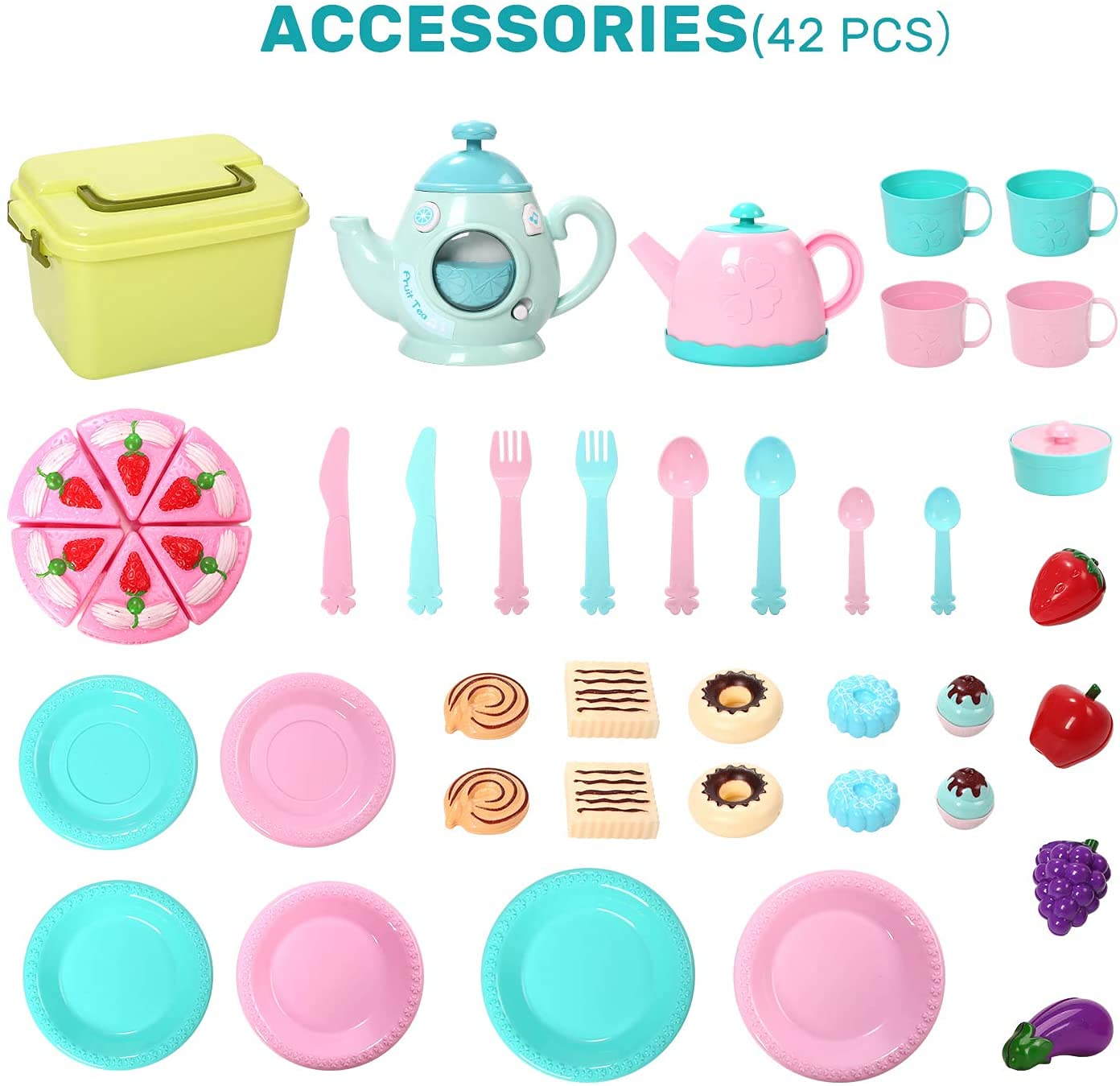 CUTE STONE Toy Tea Set for Little Girls, Kids Tea Party Set Includes Kettle with Light & Music, Teapot, Dessert, Cookies, Play Tea Party Accessories & Carrying Case, Kitchen Pretend Play for Kids