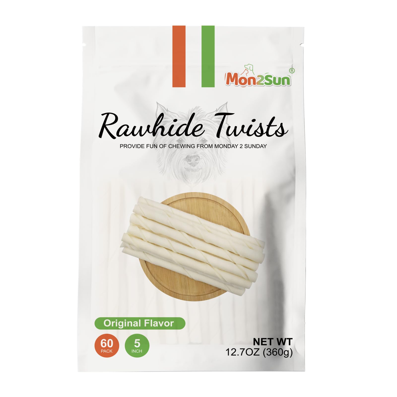 MON2SUN Dog Rawhide Twist Sticks Natural 5 Inch Thin Sticks Rawhide Chews Dog Treats for Puppy and Small Dogs 60 Count, 12.7oz