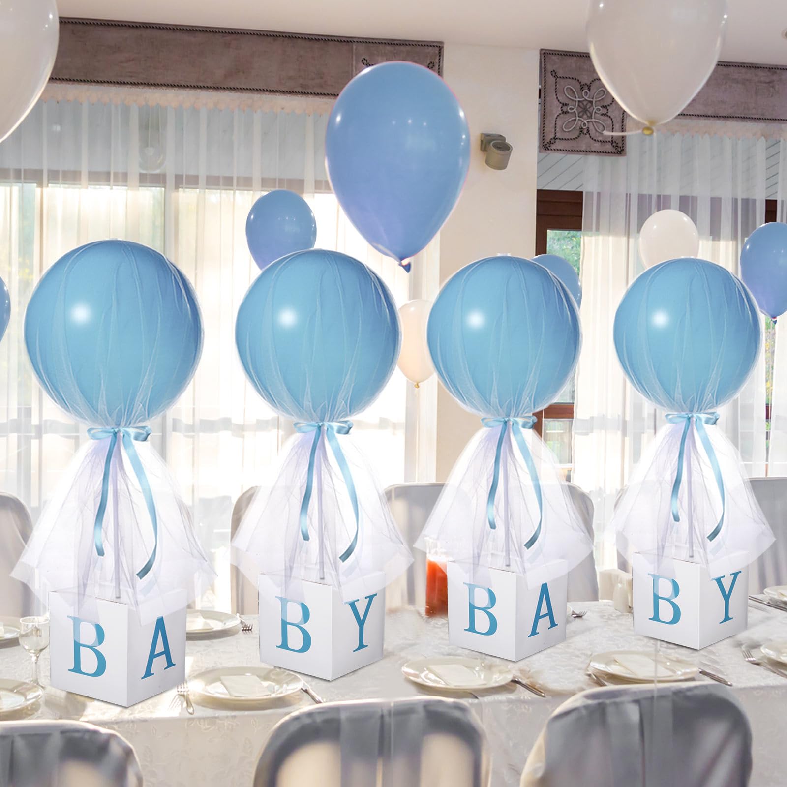 Wettarn 4 Set 24'' Tulle Tutu Balloon with Candy Cake Dessert Box for Baby Shower Wedding Table Centerpieces Party Decor Balloon White Tulle Cover for Wedding Girl and Boy (Boy)