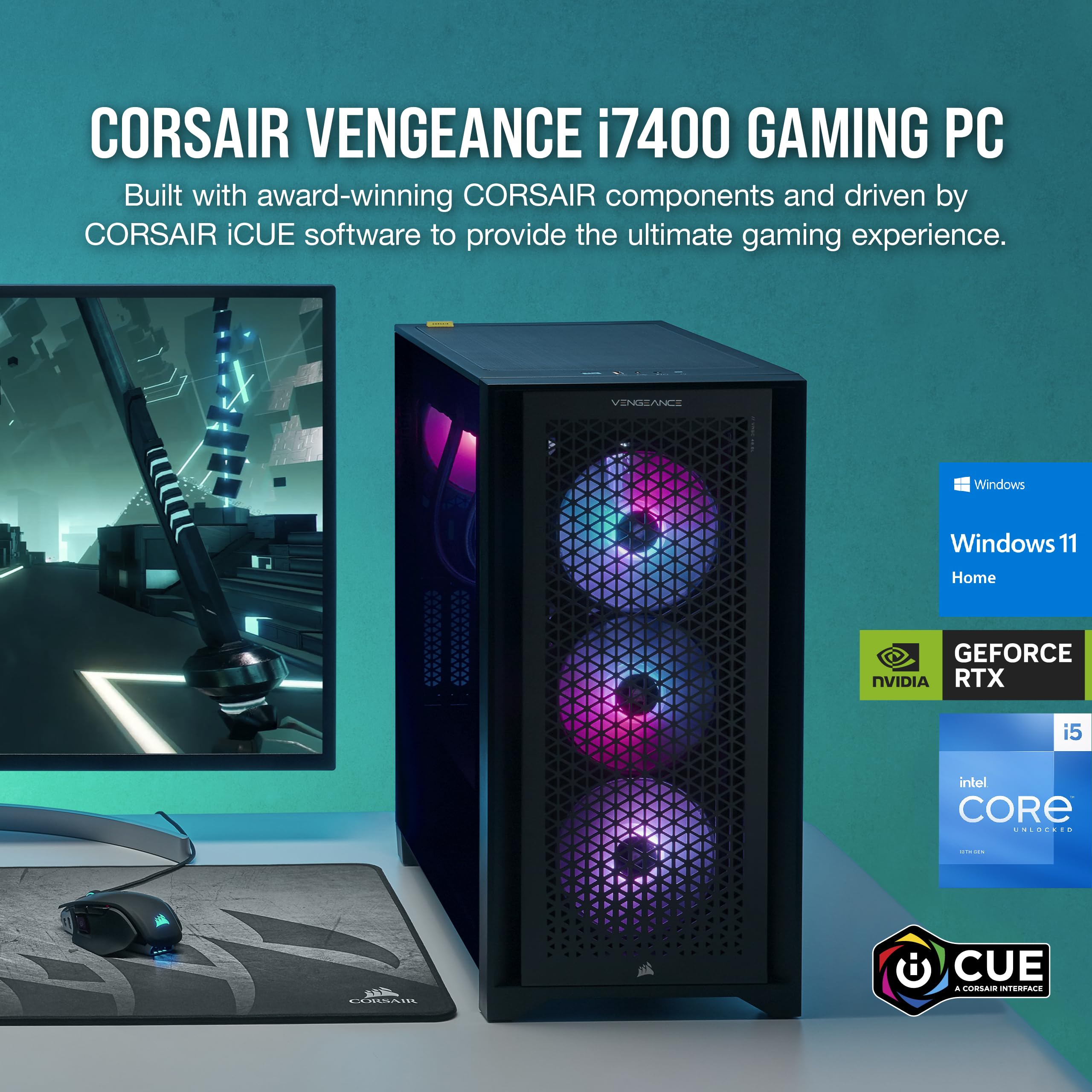 Corsair Vengeance i7400 Series Gaming PC - Liquid Cooled Intel® Core™ i5 13600K CPU - NVIDIA® GeForce RTX™ 4060 Ti GPU - 1TB M.2 SSD - 16GB Vengeance RGB DDR4 Memory - Black