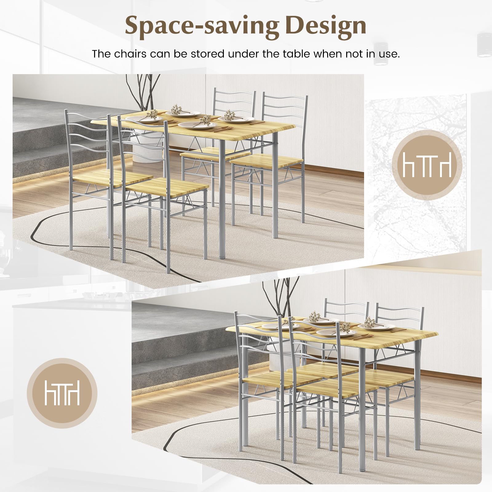 COSTWAY Kitchen Table Chairs Set of 4, 5 Piece Metal Rectangular Dinette Set w/Non-Slip Pad, Space-Saving Design, Modern Dining Room Table Set for Small Place Breakfast Nook Restaurant (Walnut)