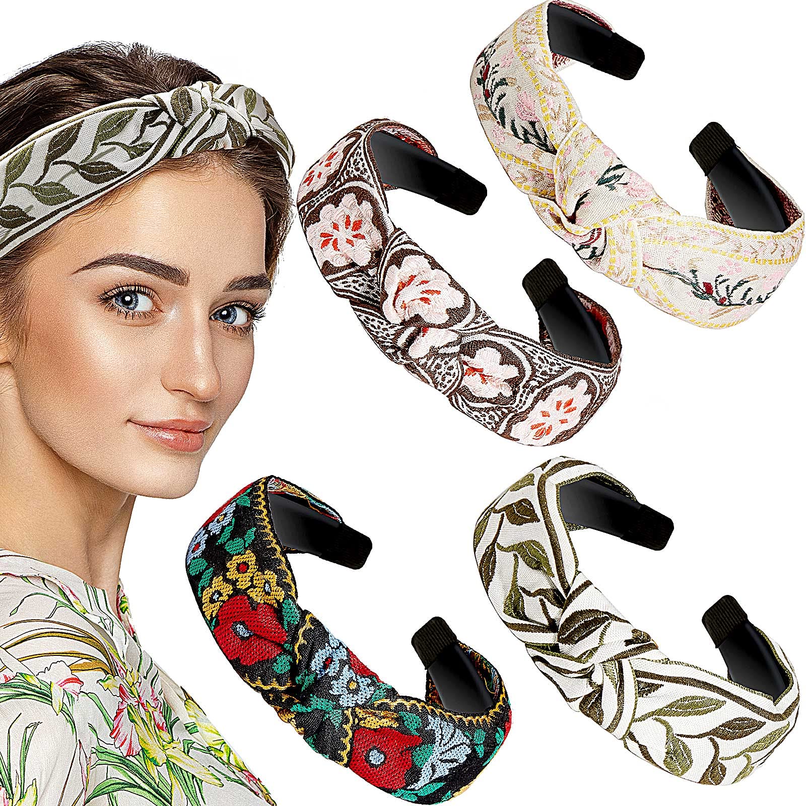 Chuangdi 4 Pieces Boho Headband Floral Wide Headband Handmade Knot Embroidery Bohemia Turban Headband Vintage Ethnic Style Hair Band for Women Girls Hair Accessories
