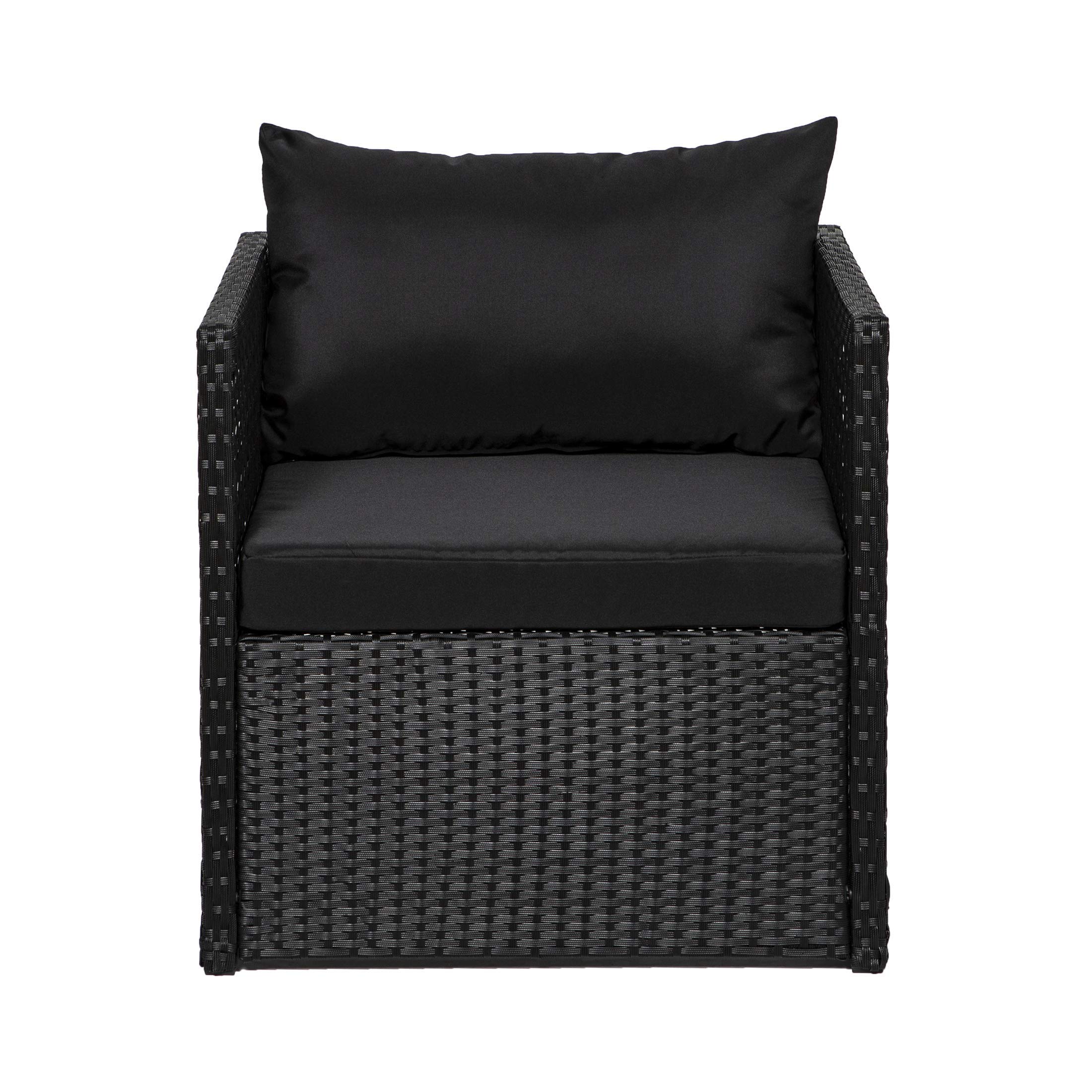 WO Outdoor Wicker Rattan Furniture 4 PCS Set Black Woven Table Chairs Set w Cushions & Back Support Pillows Coffee Table Seats 4 Black