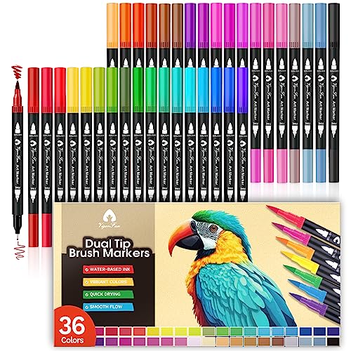 VigorFun Dual Brush Marker Pens, 36 Colored Markers, Fine Point and Brush Tip Art Markers for Kids Adult Coloring Books Journaling Drawing Calligraphy Planners Note Taking Art Supplies Kit