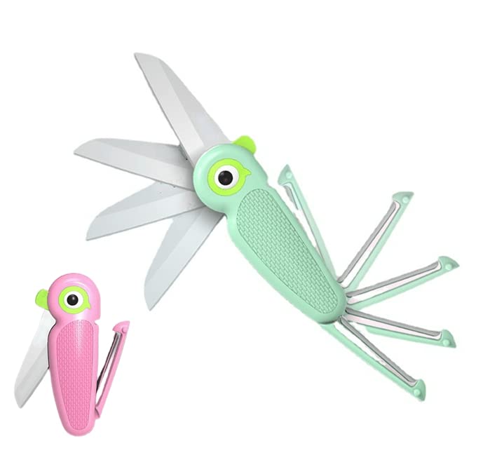 Foldable Multi-function Fruit Knife Bird Shape Ceramic Knife Stainless Steel Peeler Mini Knife Melon Plane Portable for Home,Outdoor Travel (Green)