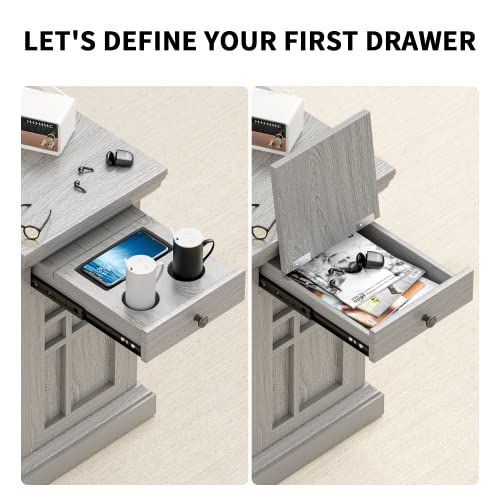 JUMMICO Side Table with Drawer & USB Ports & Power Outlets, End Table with Charging Station, Narrow Nightstand with Shelf for Small Space, Sturdy Storage Cabinet for Living Room Bedroom (Grey)