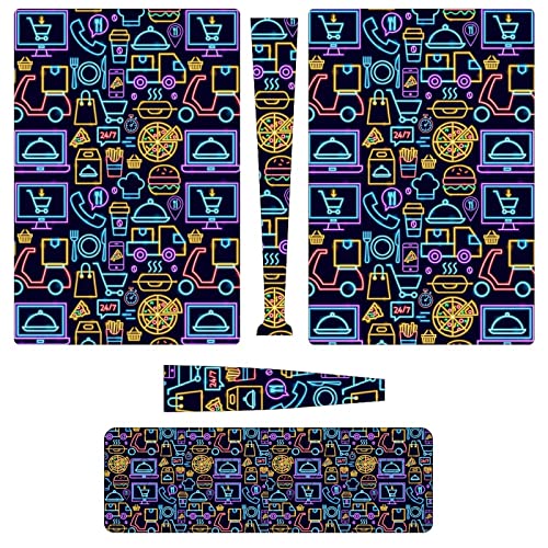Food Delivery Neon Full Protective Skin Cover Design Wrap Decal Sticker Compatible with PS5 Digital Edition Console and Controller