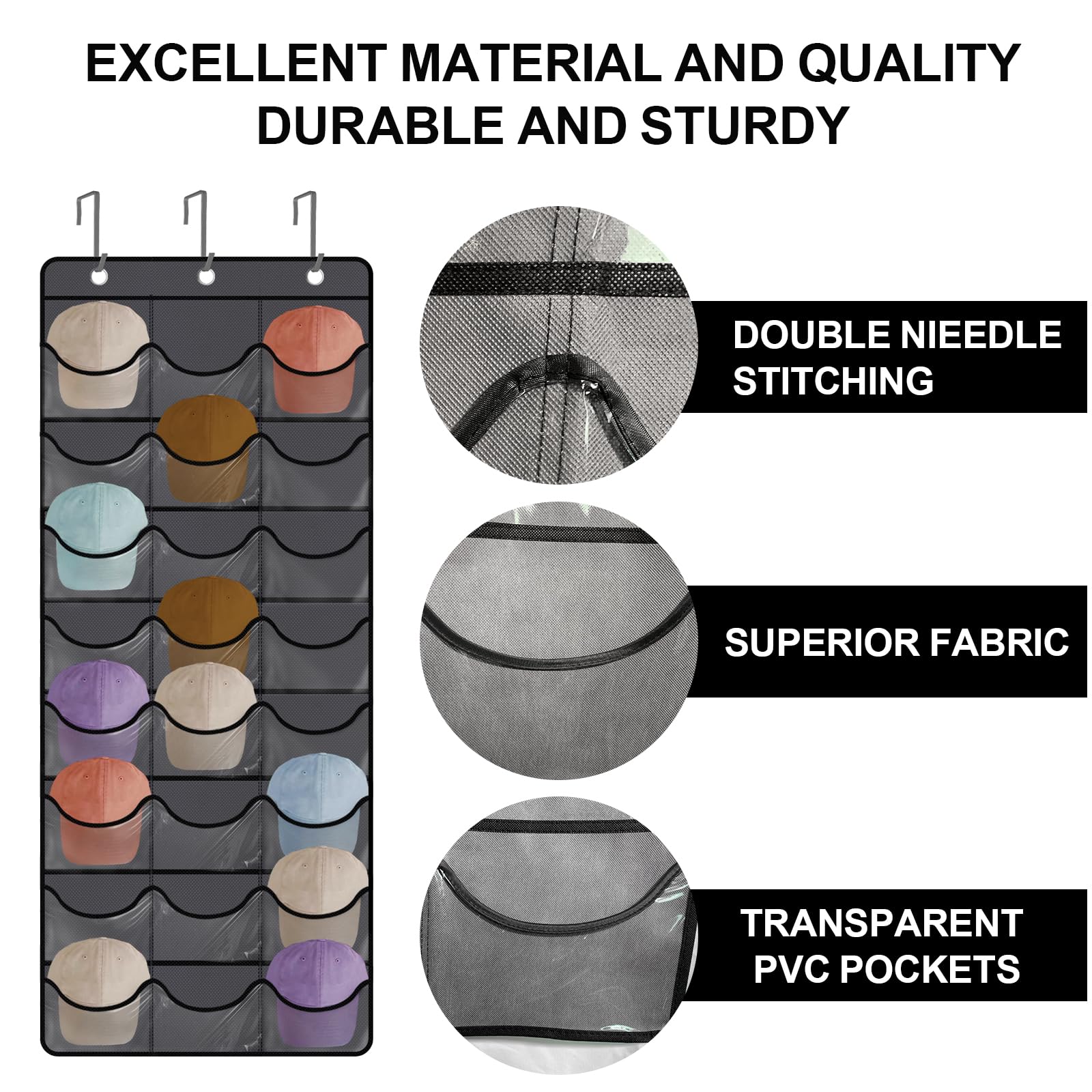 InterMaka Hat Rack for Door - 24 Clear Deep Pocket Cap Racks for Baseball Caps, Premium Hat Storage with 3 Sturdy Hooks, Versatile Hat Holder & Ball Hat Organizer for Optimal Display Grey