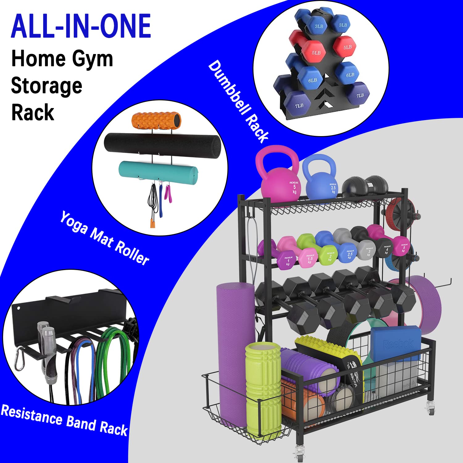 Dumbbell Rack Stand, Weight Storage Organizer, Home Gym Storage Rack for Dumbbells Foam Roller Kettlebells Yoga Mat Resistance Bands, Workout Equipment Storage with Wheels and Hooks
