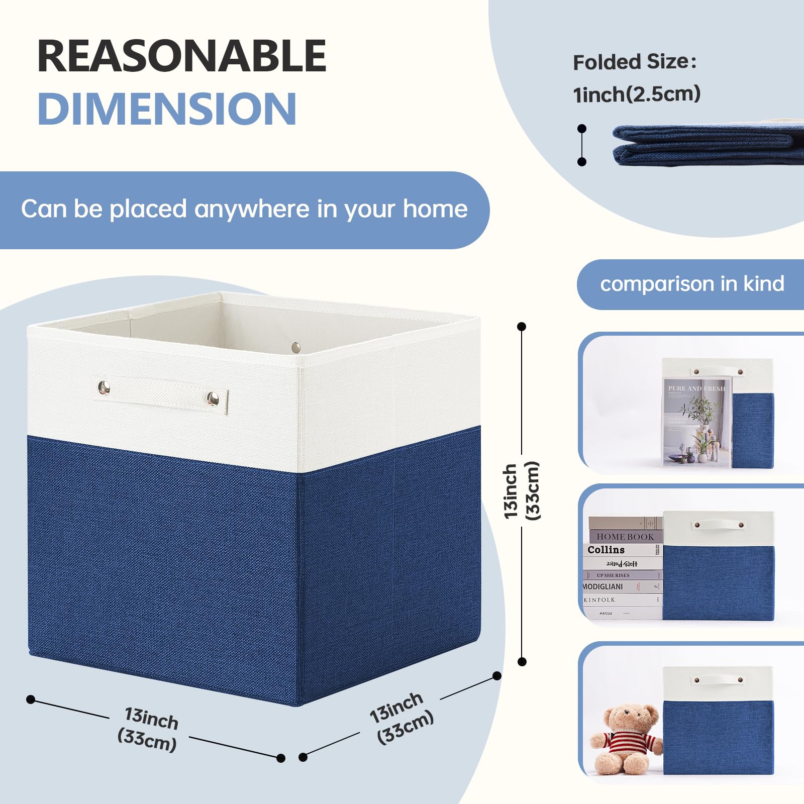 Foldable Storage Bins 13x13 Storage Cubes Fabric Linen Storage Baskets for Shelves Drawer with Handles for Organizing Closet, Utility Room, Storage Room, Nursery, Bedroom Set of 4 White & Navy Blue