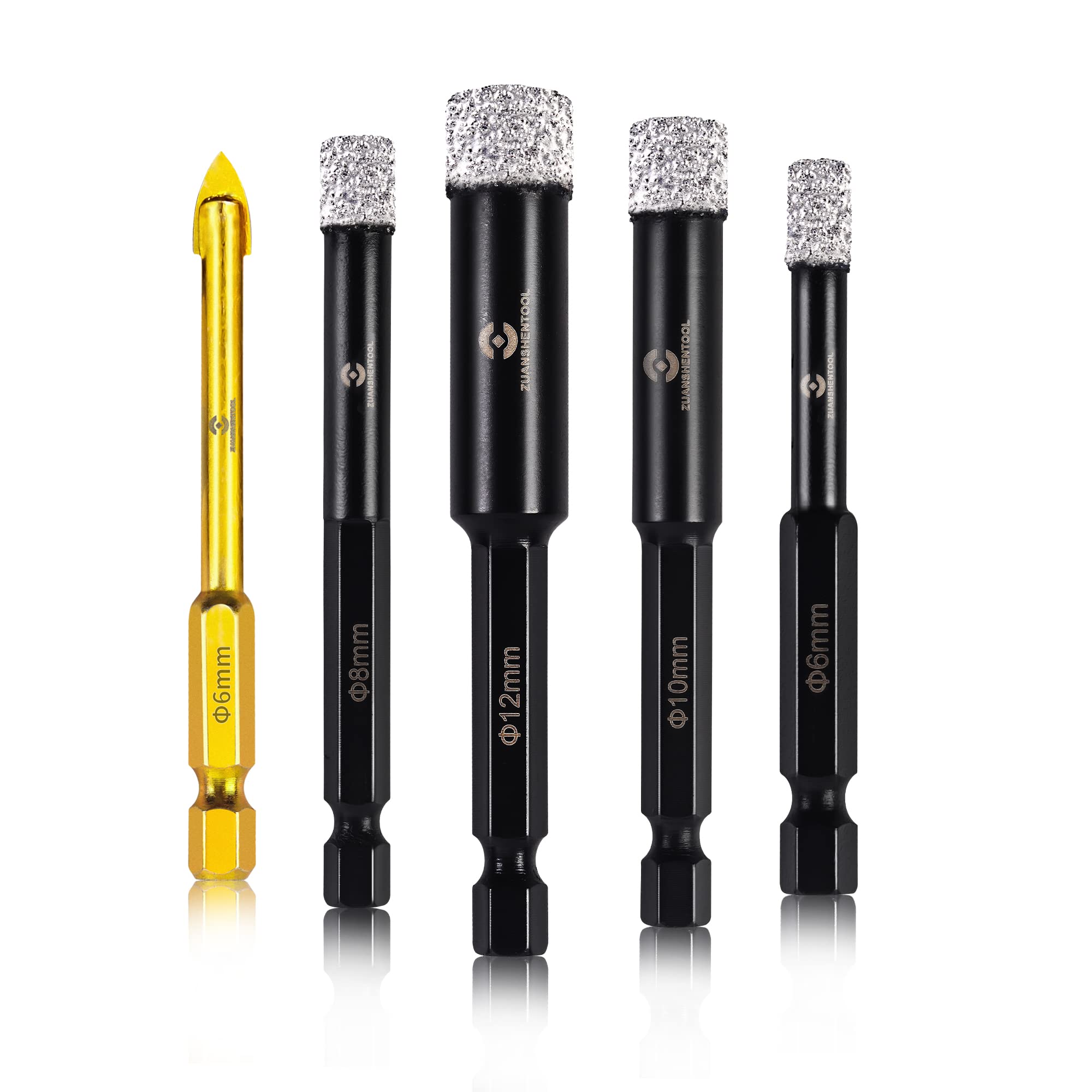 Diamond Drill Bits Set, 5 Piece Dry Diamond Hole Saw with Quick Change Hex Shank for Granite Ceramic Marble Tile Stone Glass Hard Materials (not for Wood) 1/4, 5/16, 3/8, 1/2 inch
