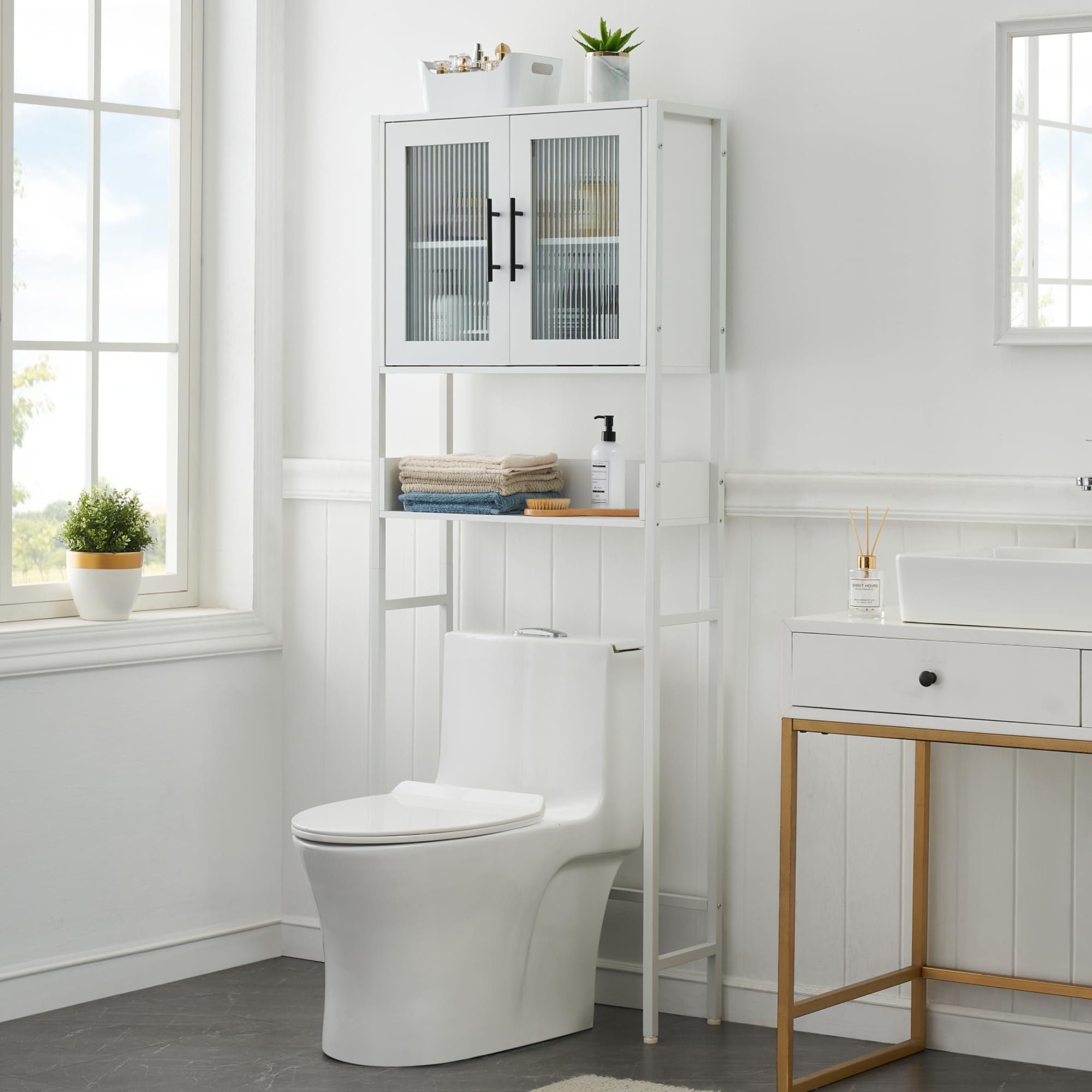 IDEALHOUSE Over The Toilet Storage Cabinet with Glass Doors, Bathroom Above Toilet Storage Cabinet with Adjustable Shelves, Large Capacity Bathroom Organizer, White