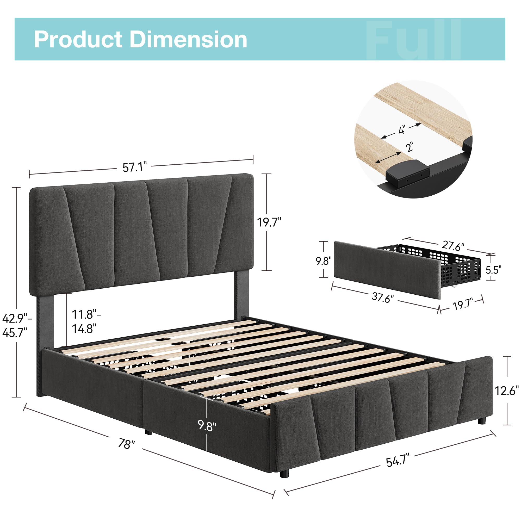 IDEALHOUSE Twin Size Bed Frame with Adjustable Headboard and 2 Storage Drawers, Upholstered Platform Bed Frame with Wooden Slats Support, No Box Spring Needed, Dark Grey