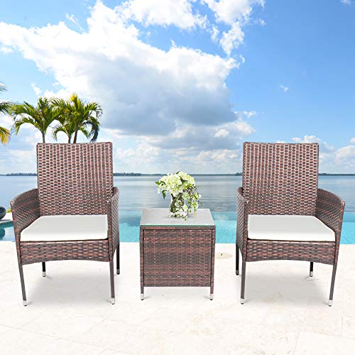 Recaceik, 2 upholstered top Dining (Brown) Patio, 3 Piece Set Outdoor Space-Saving Rattan Glass Tables and Chairs