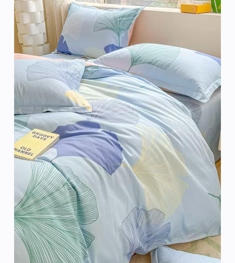 Generic 100% Cotton Duvet Cover Set for King Queen and Twin, Full Size Blue Leaf Print Double Bed Quilt Cover with 2 PCs Pillowcase with Zipper Closure (Full)
