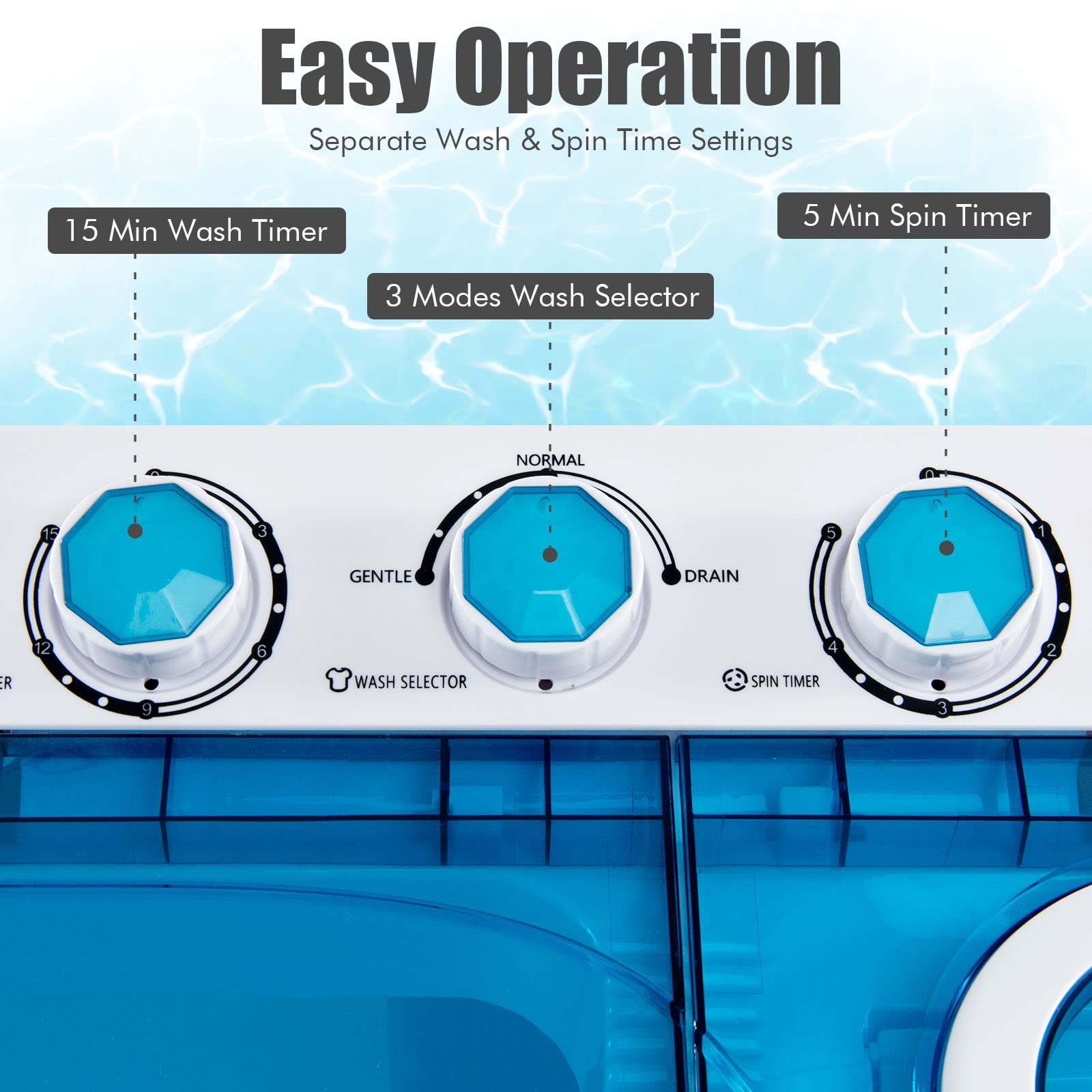 COSTWAY Portable Washing Machine, Twin Tub 26lbs Capacity Laundry Washer, 18lbs Washer and 8lbs Spinner Combo with Timer Knobs, Built-in Drain Pump, Compact Washer for Home Dorm Apartment, Blue+White