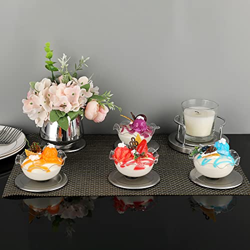 JUXYES Set of 6 Stainless Steel Round Coasters with Holder & Sponge Bottom, Silver Metal Cup Coasters Set Stunning Cool Coaster Cups Mats Decor for Restaurant Kitchen bar Dining Table