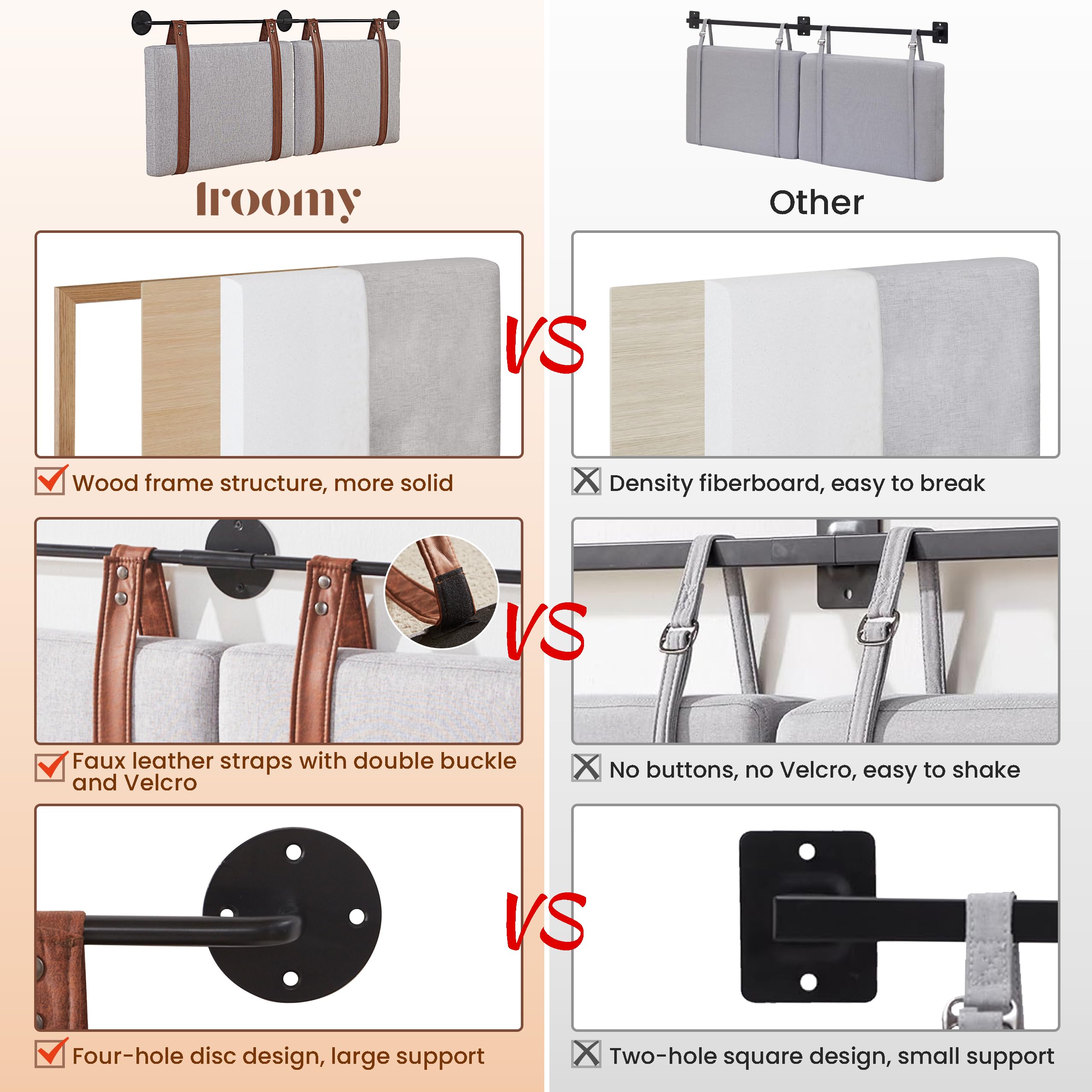 Iroomy Wall Mounted Headboard King with Brown Faux Leather Straps, Faux Leather Upholstered Headboard with Adjustable Heigh Headboard, King Headboard with Metal Bar for Dining Room, Bedroom, Brown