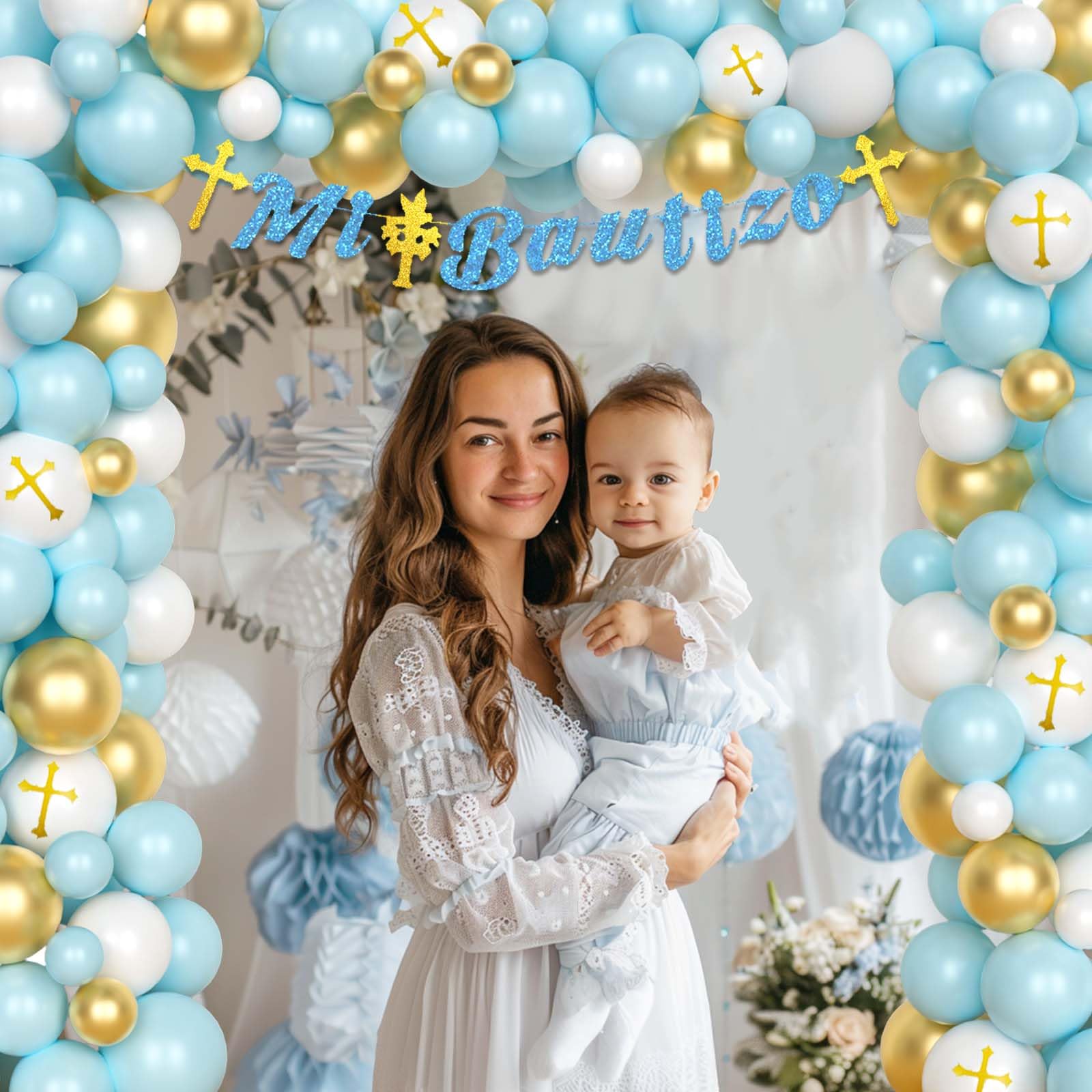 Hombae Mi Bautizo Decorations for Boys, Bautizo Decorations, Blue Baptism Decorations, First Communion Christening Decorations for Baby Boy, Backdrop Tablecloth Balloon Banner Cake Cupcake Topper