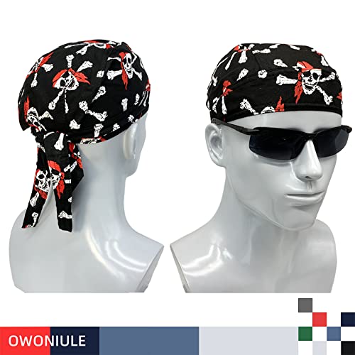 Cotton Doo Rag Skull Cap Sweat Wicking Head Wraps Pirate Hat Breathable Helmet Liner Flame Beanie Dew Rags for Men and Women (Skull and Flame)