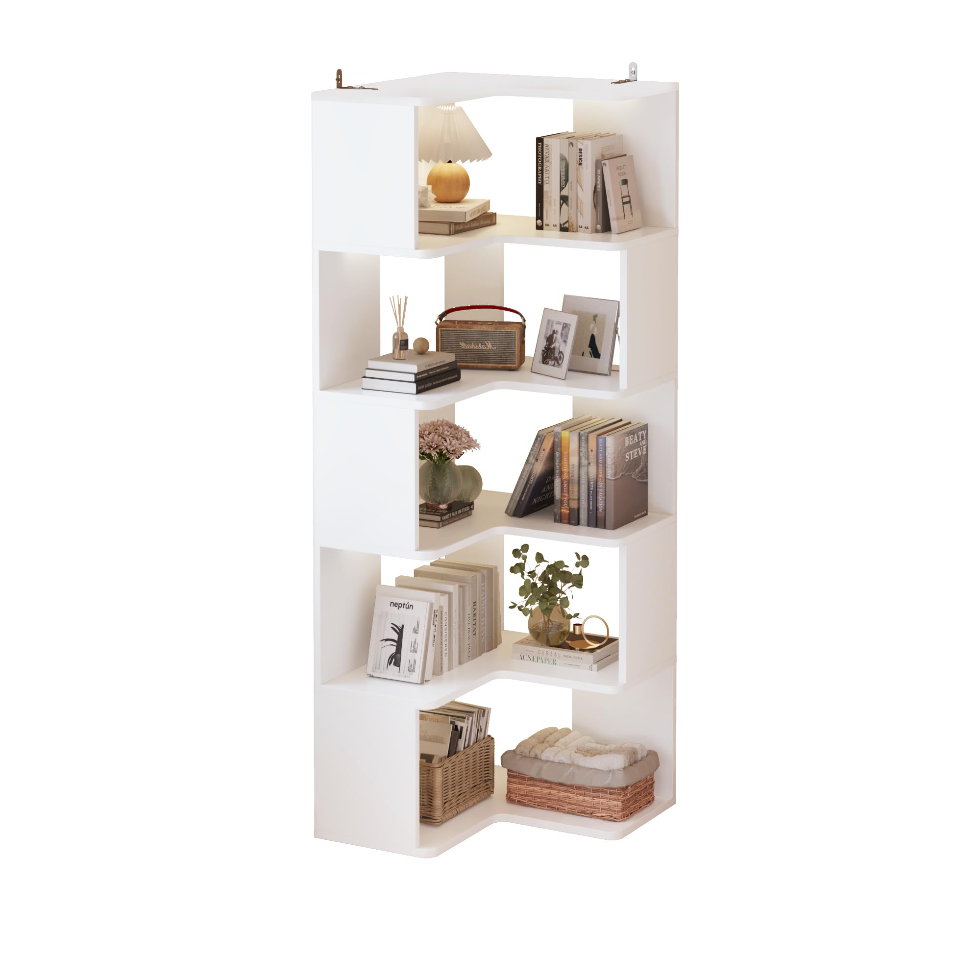 Karl home Corner Rack,64.96" Bookshelf with Anti-Drop Panel,Modern Shelf Display Rack Storage,Wooden Open Display Shelving Storage Rack,for Bedroom,Living Room,Small Space,Home Office,Bar,White