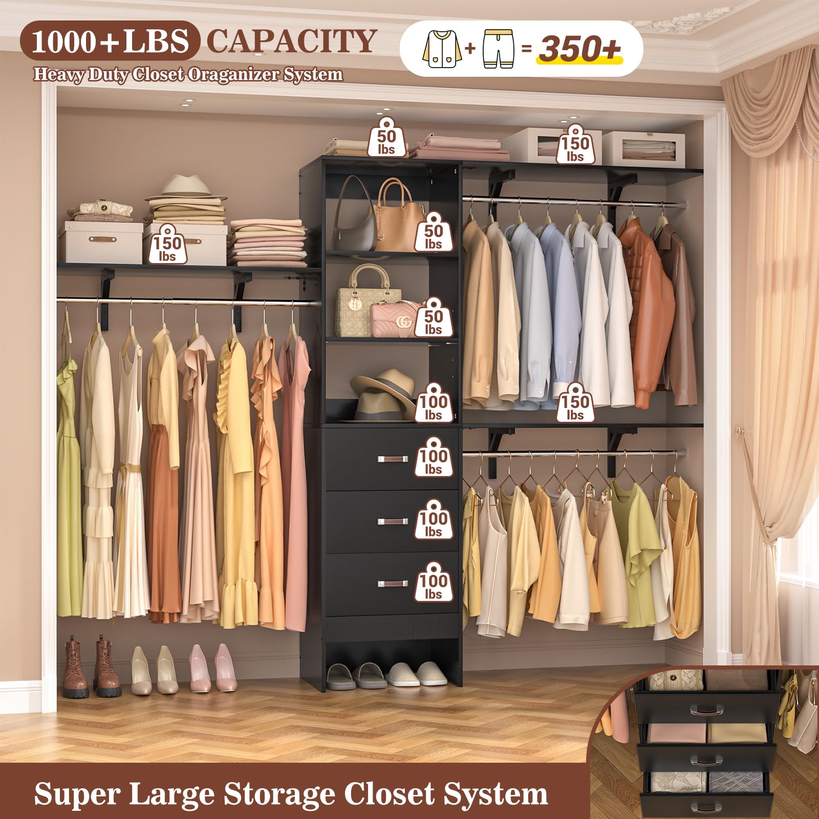 iSunirm 8FT Closet System, 96'' Closet Organizer System with 3 Hanging Rods, Wall Mount Bedroom Wardrobe with 3 Drawers Walk-in Closet, Adjustable Cloth Garment Rack from 5 to 8FT (Cut to Fit), White