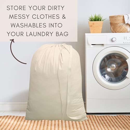 Laundry Bag | Travel Laundry Bag for Dirty Clothes |Canvas Cotton Long Strap to Carry |Hamper Liner Bag | Drawstring Closure Washable Home Storage College Dorm| 2 Pack 28x36 Inch Natural