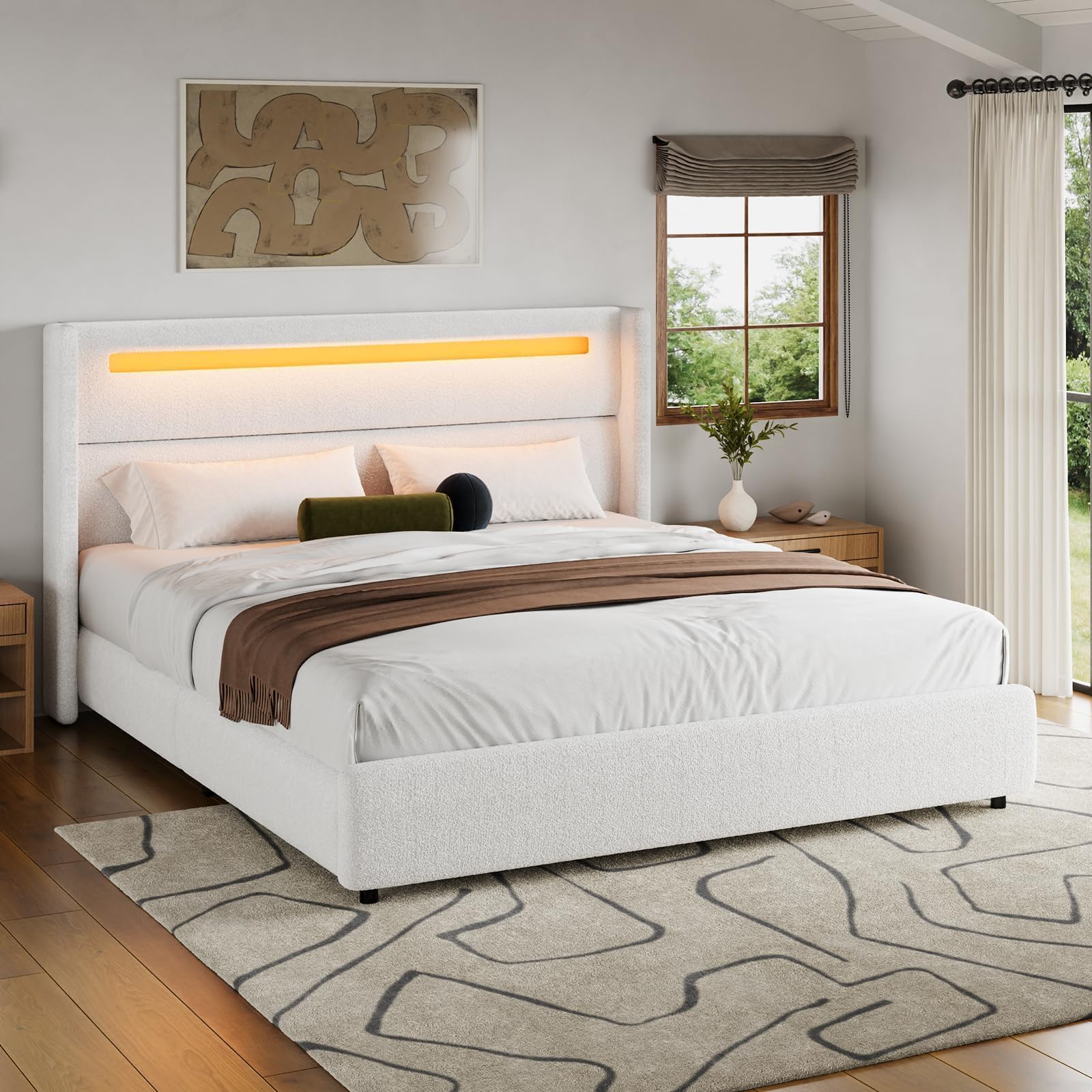 HOMBCK Queen Size Boucle Bed Frame with Headboard, Upholstered Platform Bed with Wood Slats, Soft Bed Frame with Wingback, No Box Spring Required, Easy Assembly, White