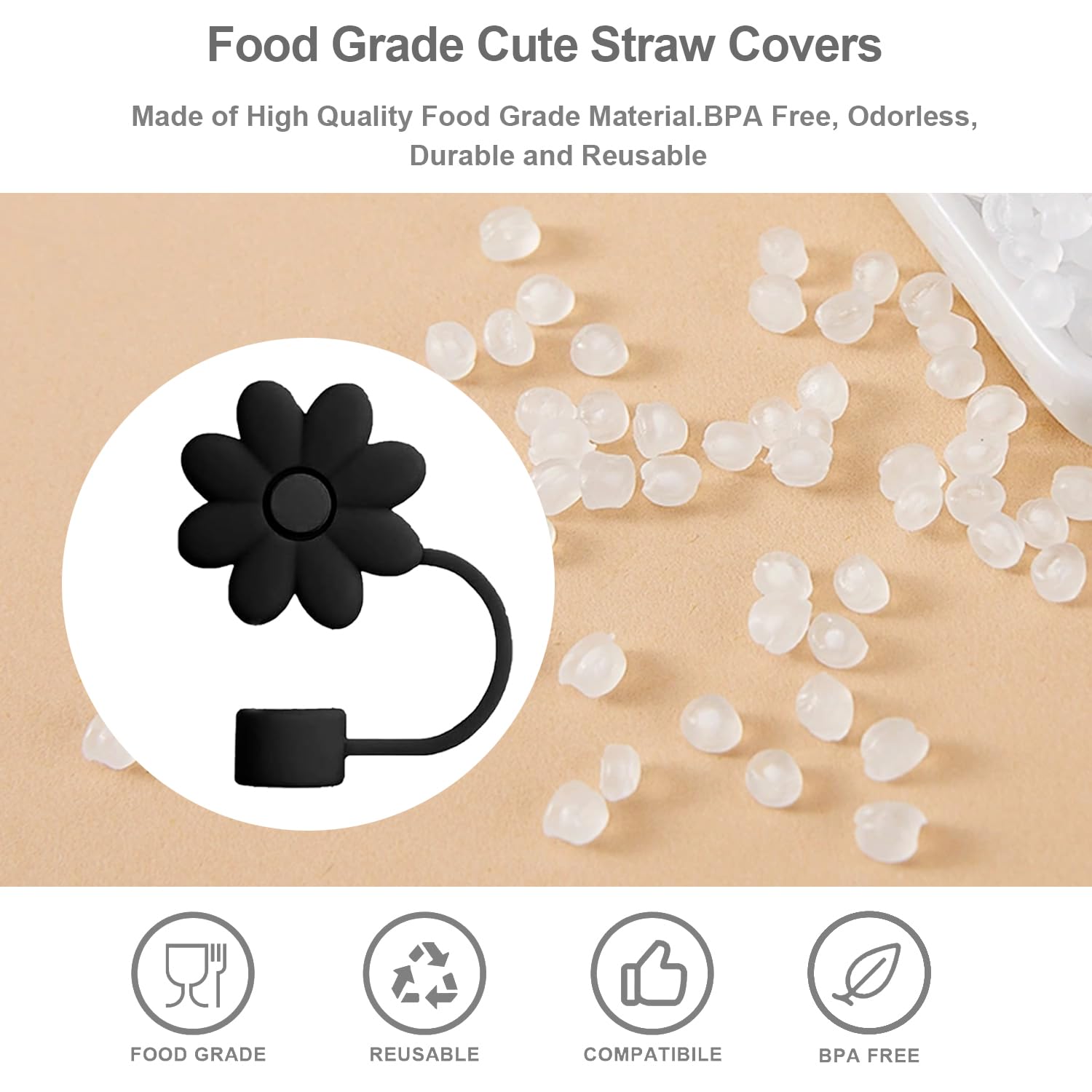 Ghislaine Straw Cover Cap for Stanley Cup, Stanley Cup Accessories Flower Straw Topper Silicone Dust-Proof Protector for 40/30/20 Oz Tumblers 10mm Straws (Black)