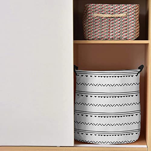 Laundry Basket,Bohemian Black Stripe Triangle Geometry White Back Waterproof Clothes Hampers with Handle,Ethnic Chic Geometric Large Collapsible Storage Bag for Bedroom Bathroom 16.5x17In