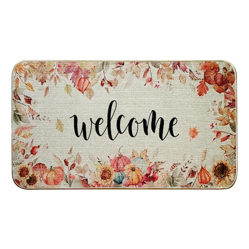 Voanos Fall Welcome Door Mat,Autumn Maple Leafs Pumpkins Theme Outdoor Entrance Doormat Non-Slip Rubber Matt for Indoor Fall Decor 17 x 30 Inch