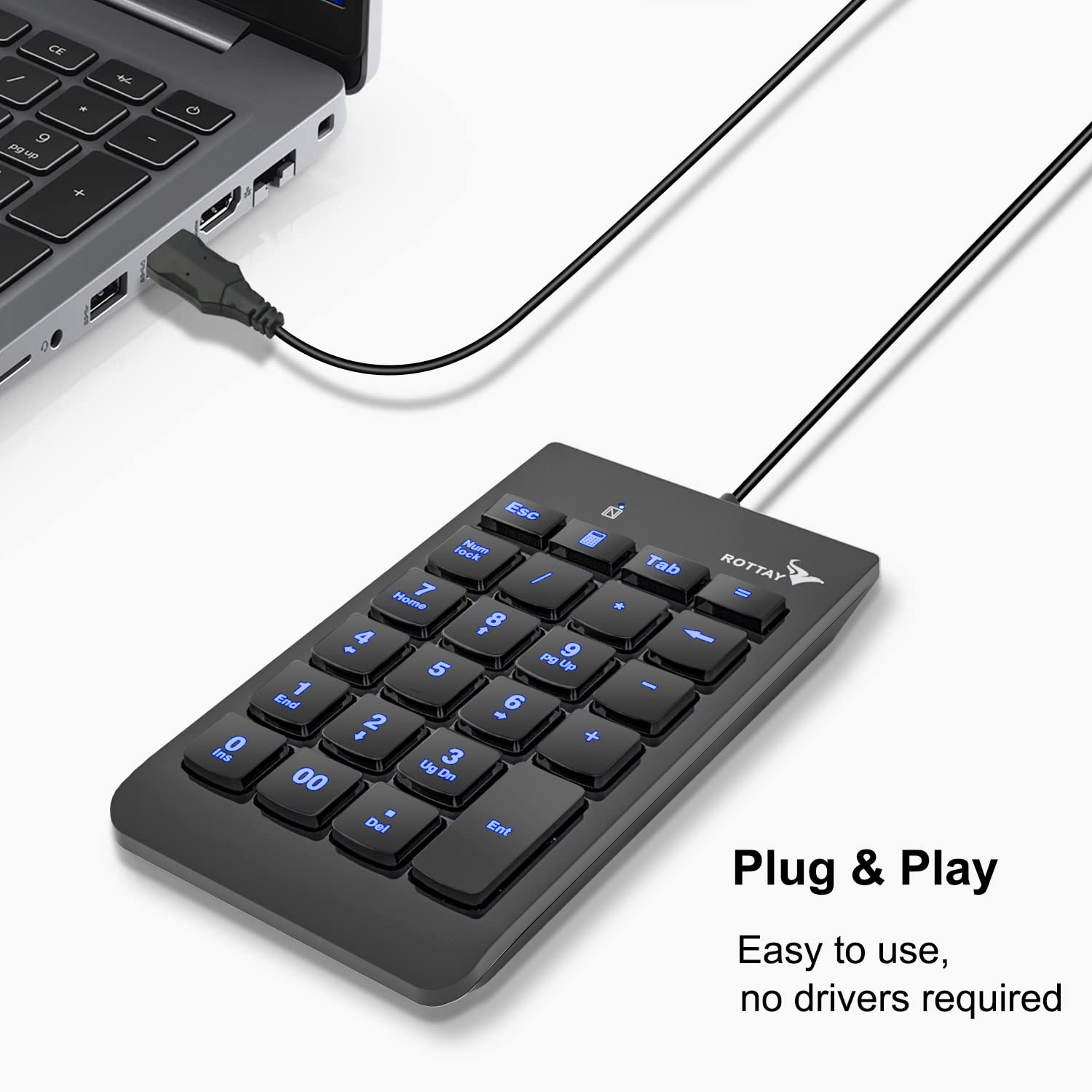 Rottay Backlit Number Pad, Wired Numeric Keypad Silent Keyboard Extensions External 10 Key USB Keypad for Laptop & PC