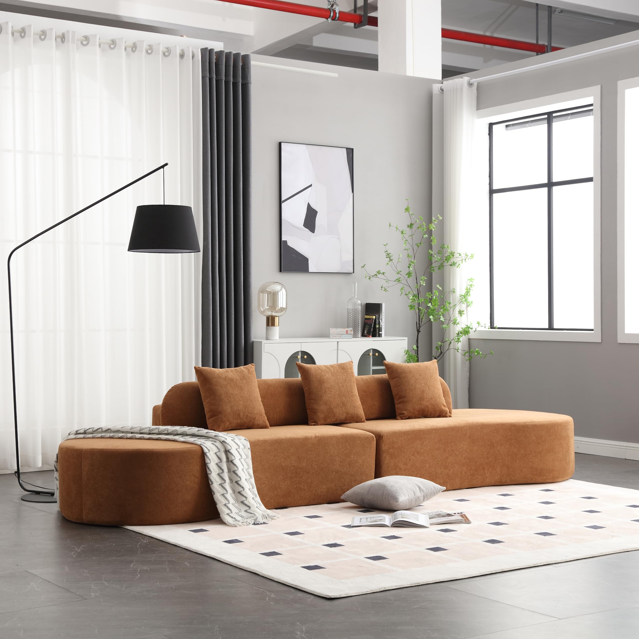 KarvinshCraft Curved Sectional Sofa, Modern Sectional Sofa with Terrycloth Fabric 4-Seater Oversized Curved Couch with 3 Pillows Modern Sofas for Living Room Apartment Bedroom Brown