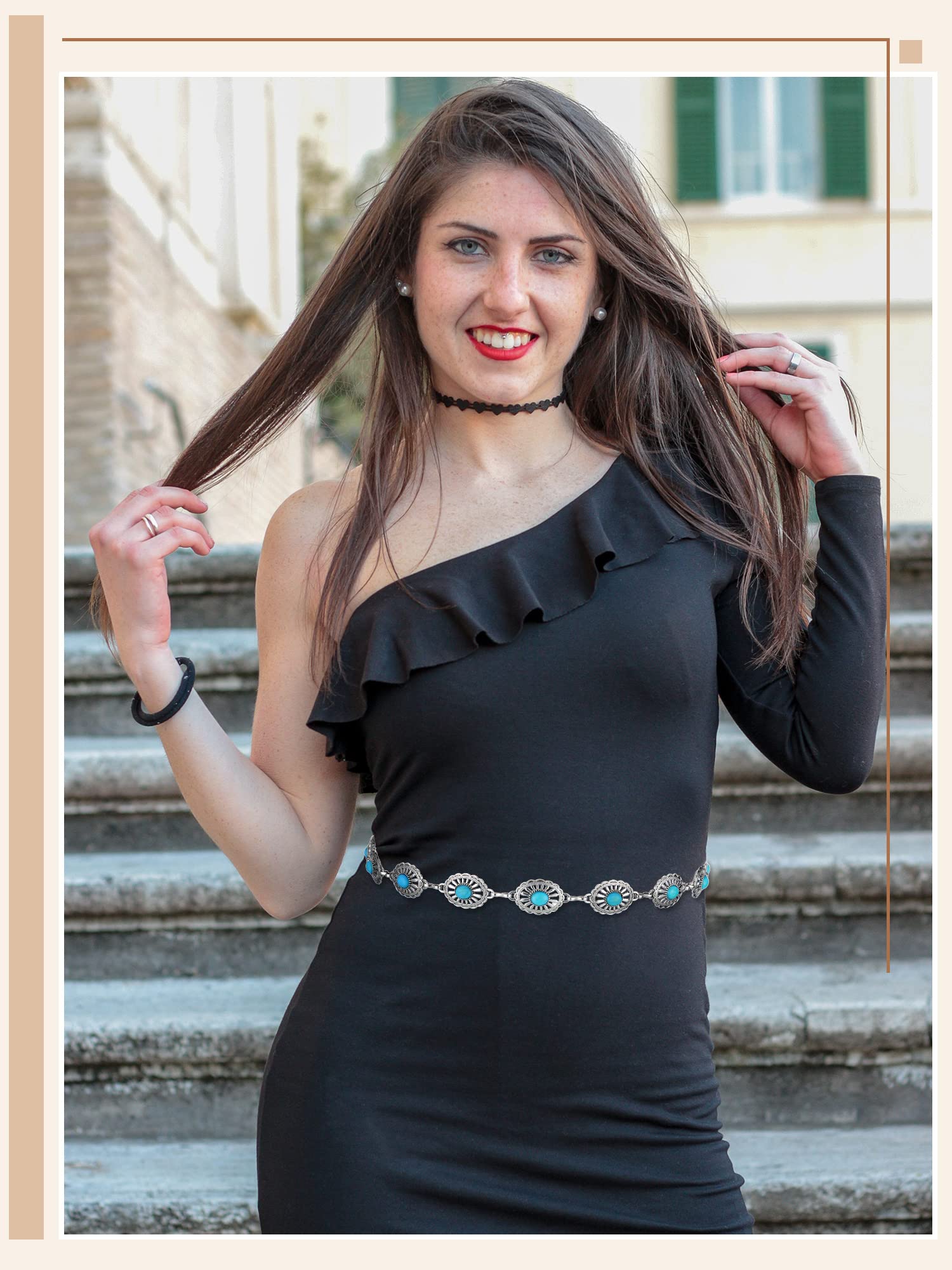Coume Turquoise Concho Chain Belt Waist Belts for Women for Dresses Metal Belt