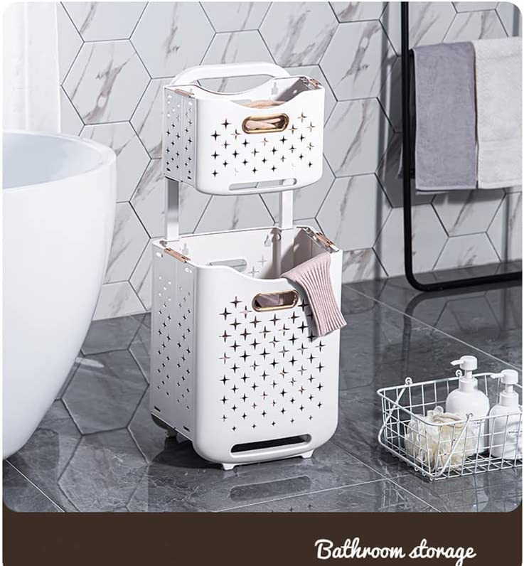 Laundry Baskets on Wheels, Laundry Trolley, Laundry Collector with 2 Layers, 2 Storage Baskets, Laundry Sorter for Bedroom, Bathroom for Clothes and Toys, Total 77L, Plastic, 75x34.5x26cm (New)