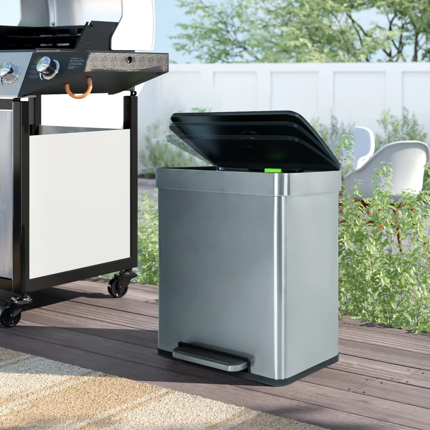MGHH Trash Can,16 Gallon (2X30L) Dual Garbage Can with Mute Metal Waste Bin, Stainless Steel Double Compartment Classified Recycle Garbage Pedal Dustbin,Suit for Kitchen,Office,Bedroom