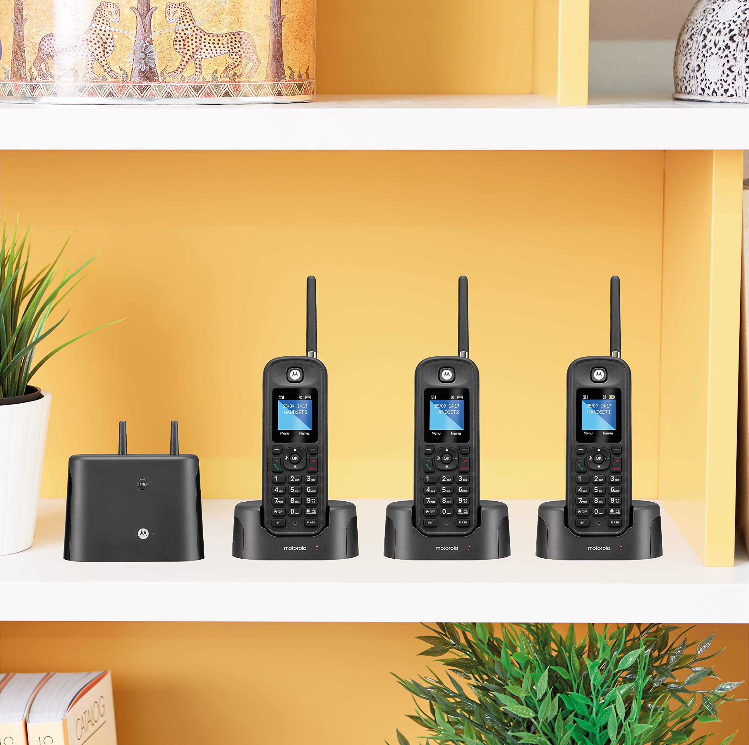 Motorola O213 DECT 6.0 Long Range Cordless Phone - Wireless Phones for Home & Office Phone with Answering Machine - Indoors and Outdoors, Water & Dust Resistant, IP67 Certified - Black, 3 Handsets