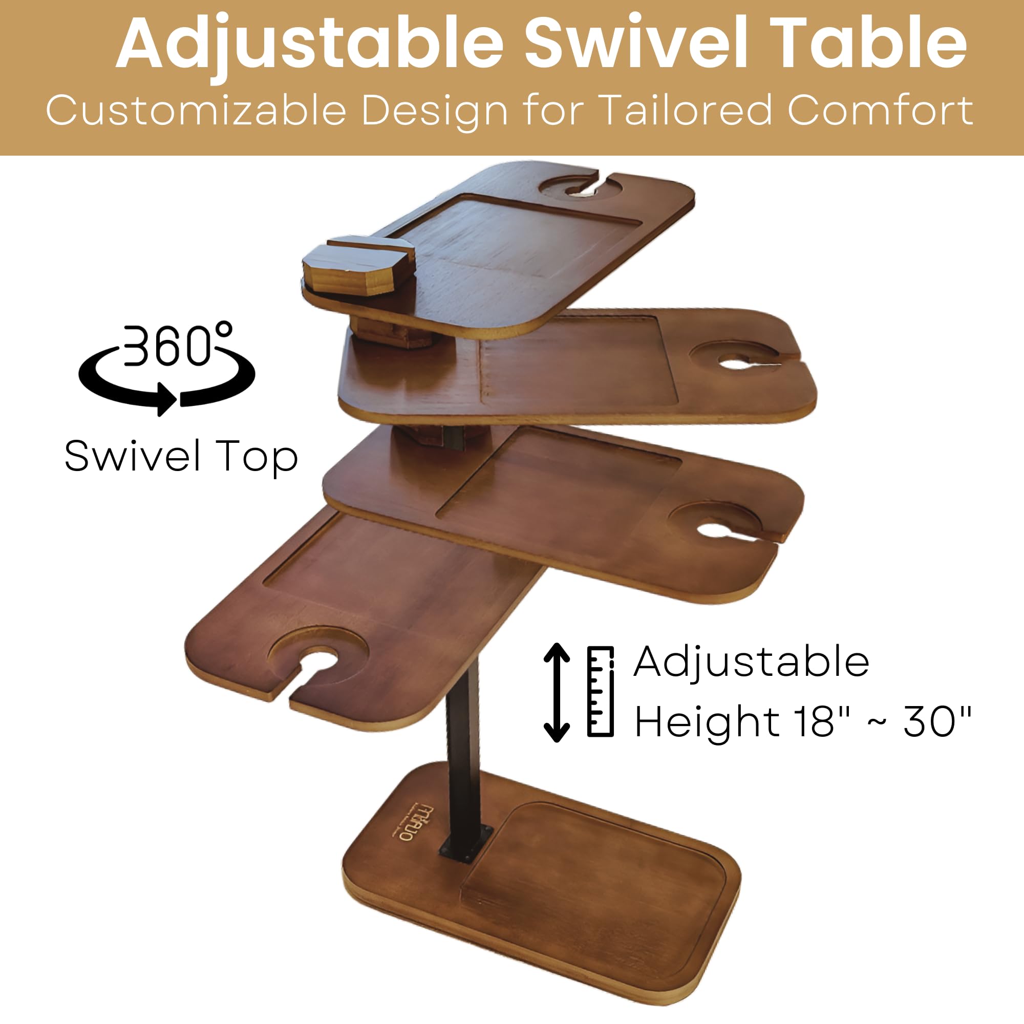 MIAJO Couch Side Table Small, Swivel TV Tray Table & 360° Rotating Phone Holder, Couch Arm Tray Tables, Small Side Table for Small Spaces, C Shaped End Table Couch Tables That Slide Under (Brown)