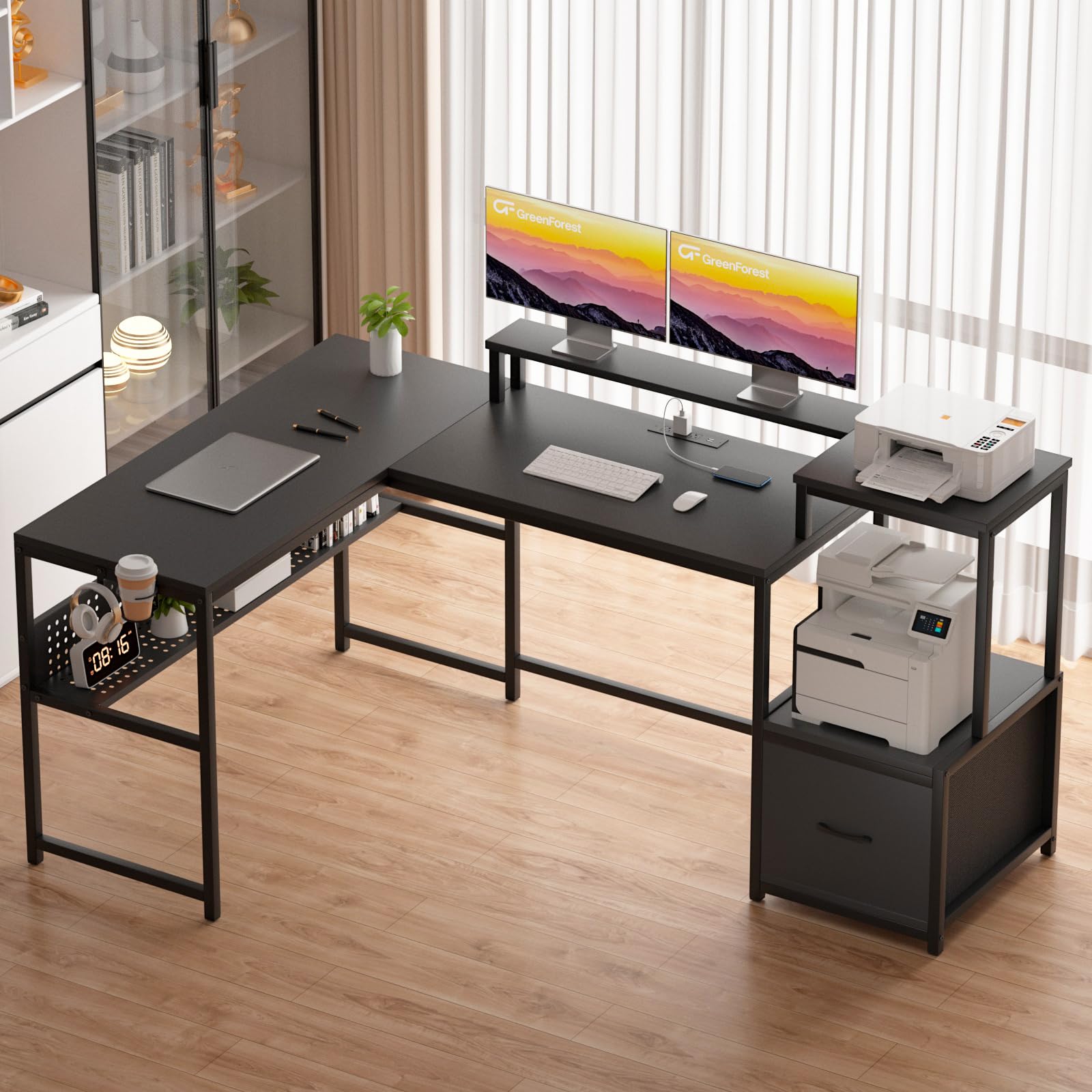 GreenForest 69 inch L Shaped Computer Desk, Corner Desk with Drawers and Power Outlet, Home Office Desk, Gaming Table with Storage and Long Monitor Shelf, Black