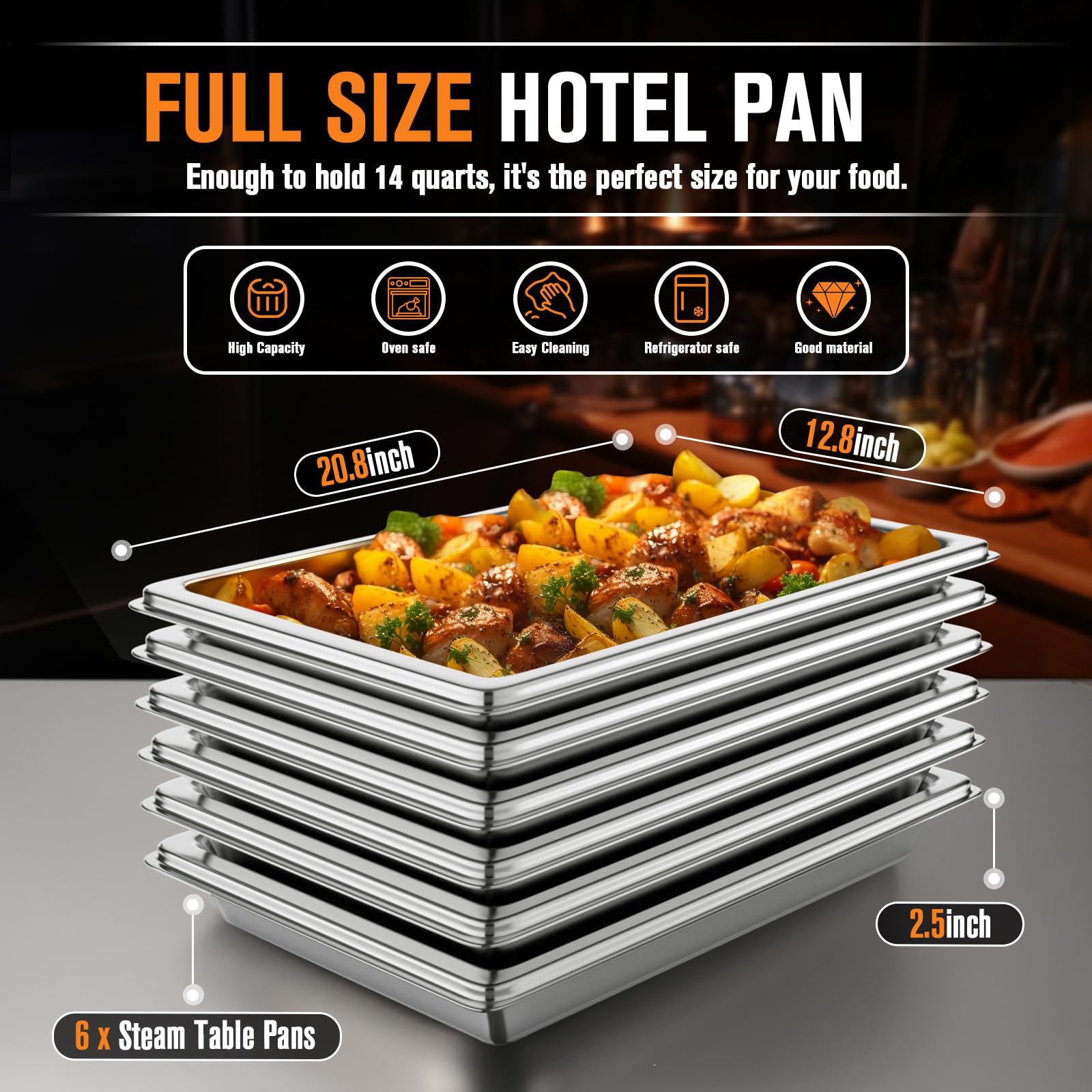 IVONNEY Hotel Pan Steam Table Pans Full Size 2.5 Inch Deep Stainless Steel Pan, Commercial Food Pans for Restaurant, Catering Supplies - Chafing Pans, Catering Pans, Buffet Pans (6 Pack, 1/1 Size)