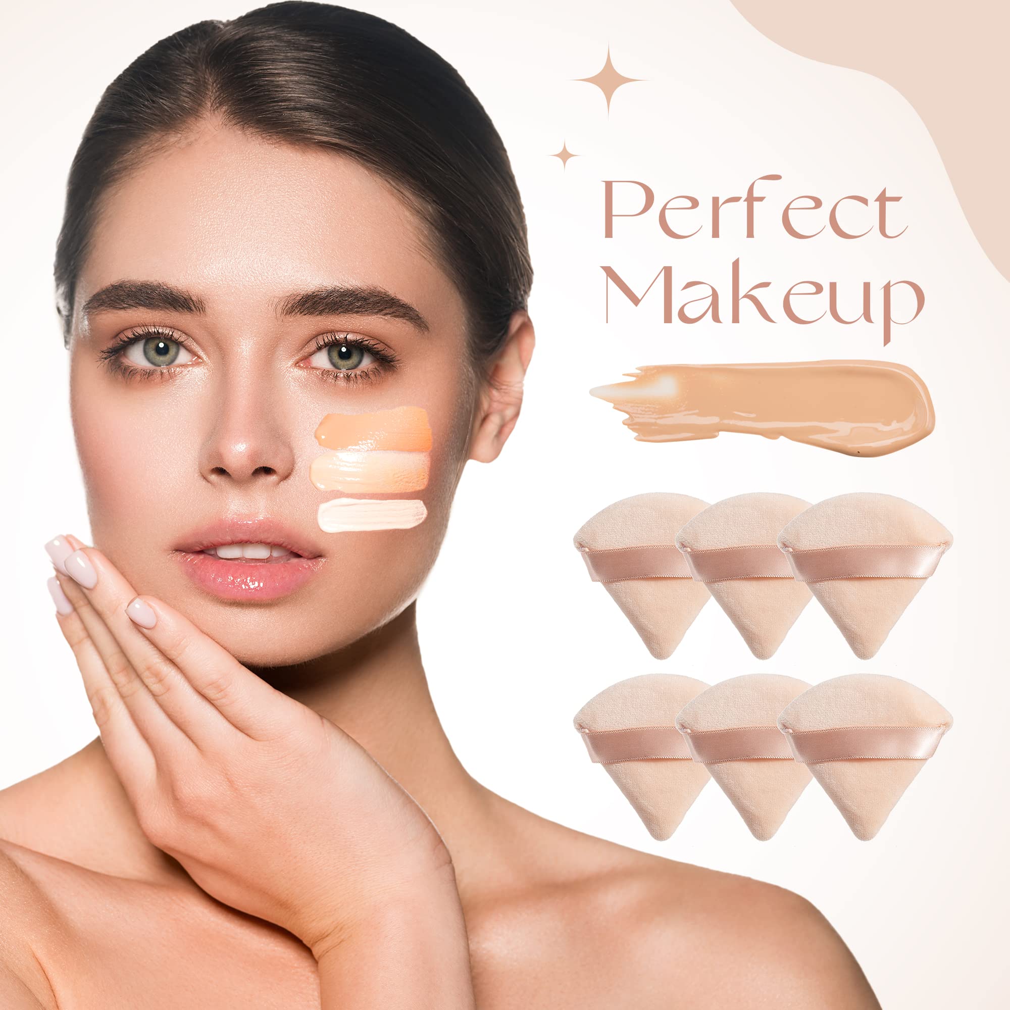 MOTZU 6 Pieces Powder Puff for Face , Cotton Velour Triangle Makeup Puff for Setting, Contouring, Under Eyes, and Corners, 2.76-inch Normal Size, with Strap, Beauty Tool